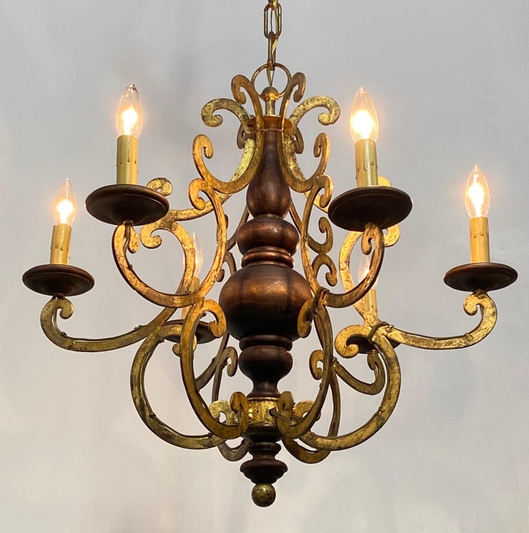 Italian Walnut and Wrought Iron Light Fixture, 1960's For Sale at 1stDibs