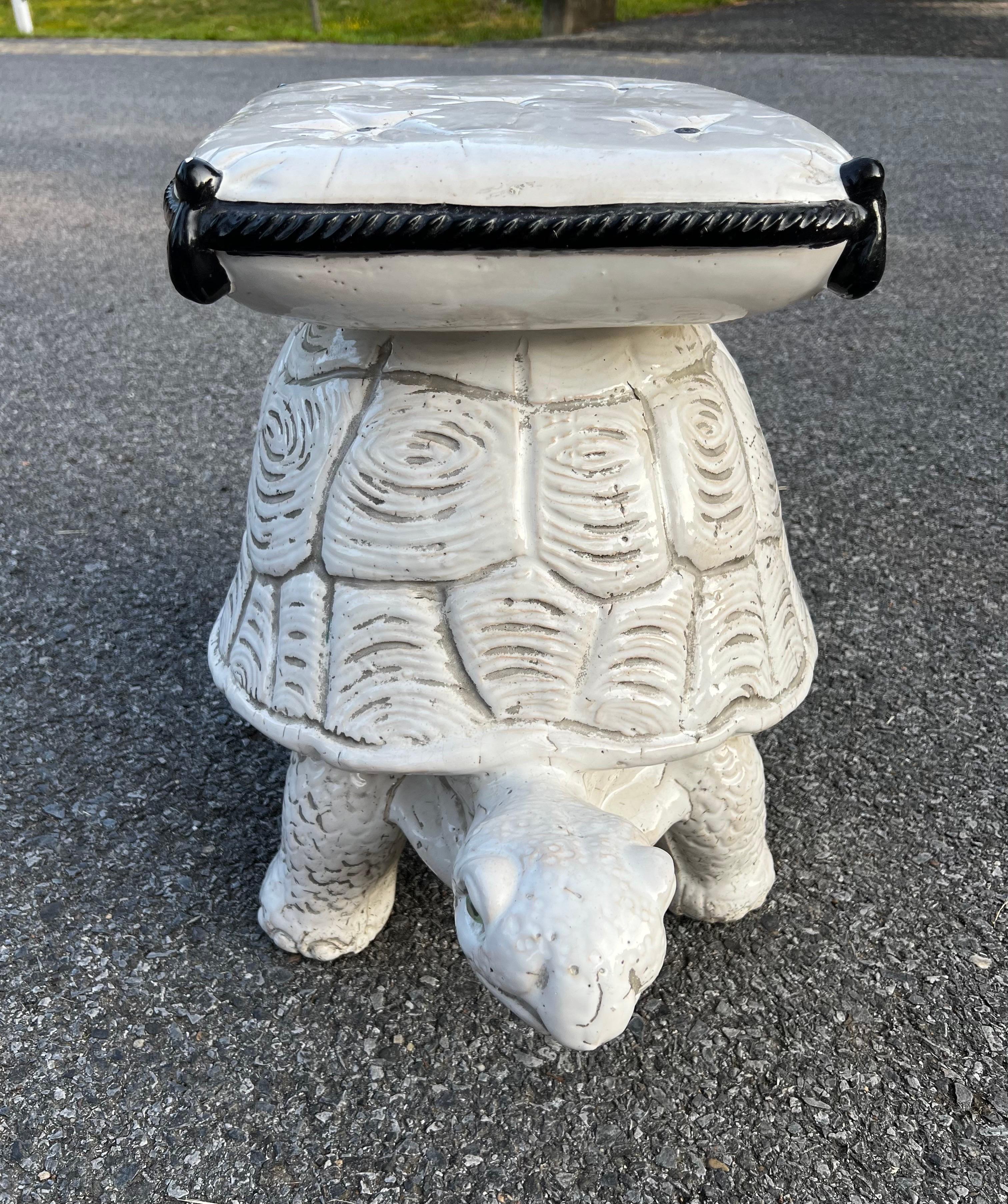 Italian White and Black Ceramic Tortoise Garden Stool For Sale at 1stDibs