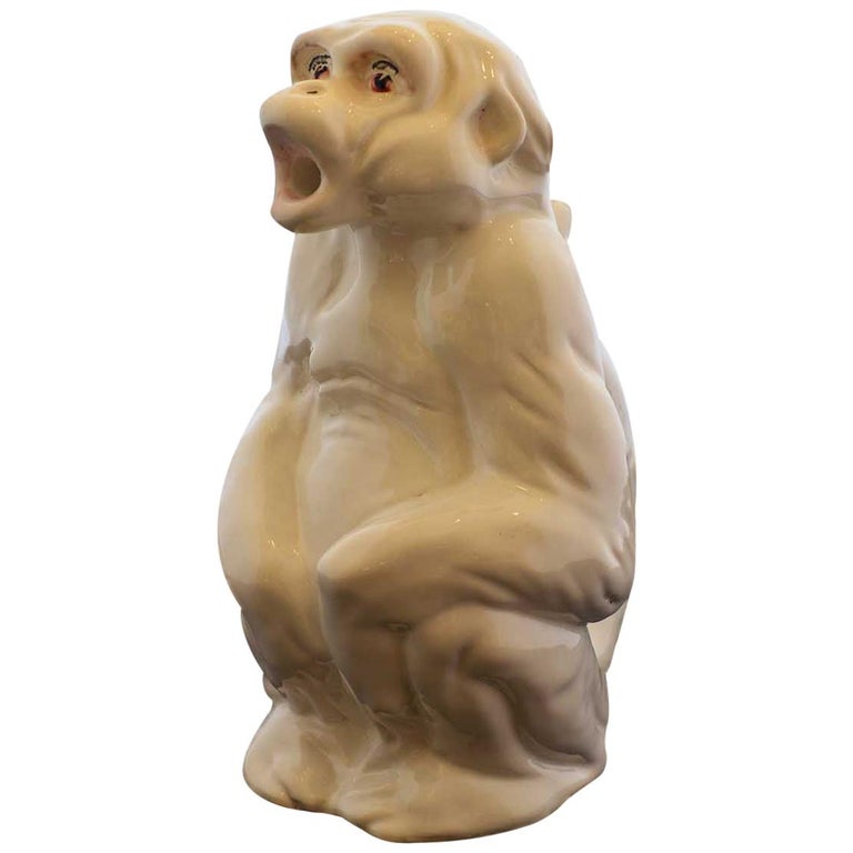 Italian White Maiolica Monkey Jug Pitcher Midcentury For Sale at 1stDibs