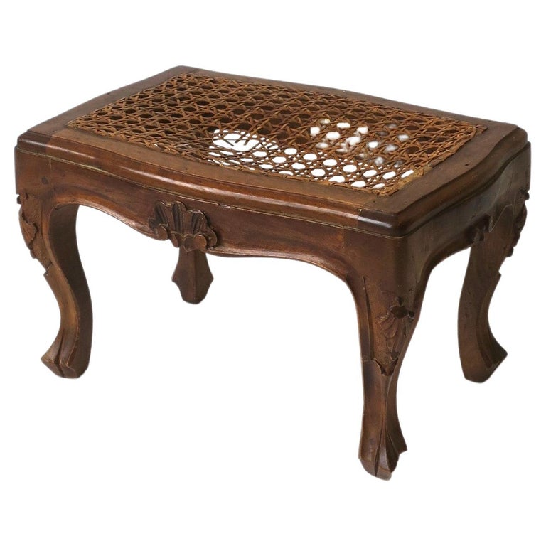 Italian Wicker Cane Top Walnut Wood Footstool For Sale at 1stDibs