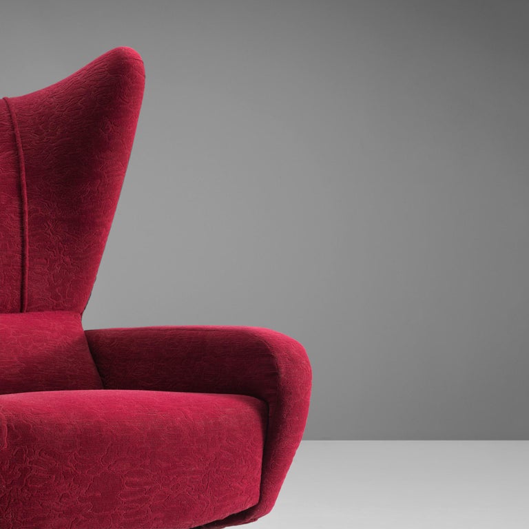 Italian Wingback Chair in Maroon Fabric For Sale at 1stDibs