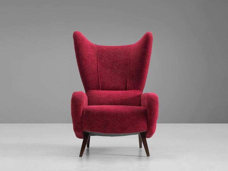 Italian Wingback Chair in Maroon Fabric For Sale at 1stDibs