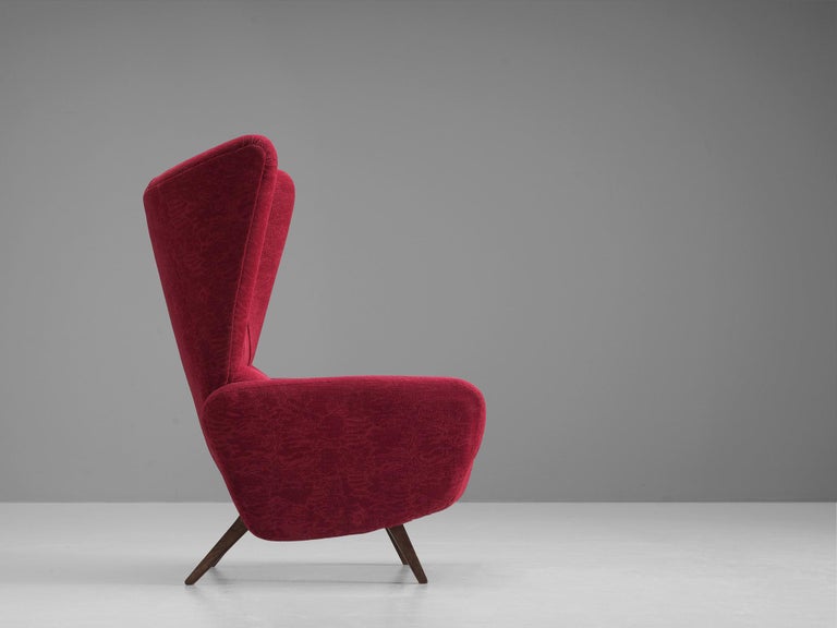 Italian Wingback Chair in Maroon Fabric For Sale at 1stDibs