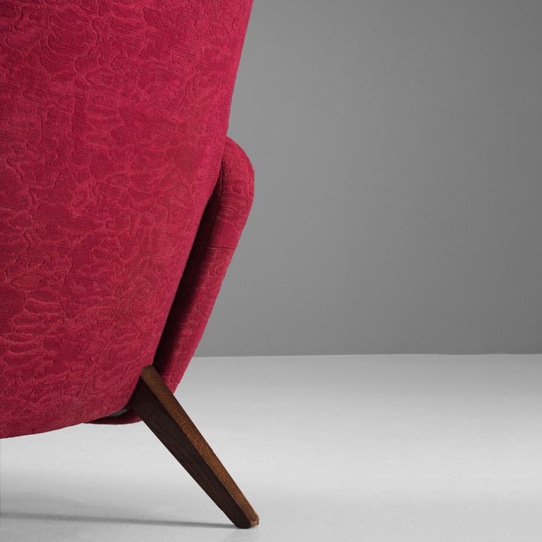 Italian Wingback Chair in Maroon Fabric For Sale at 1stDibs