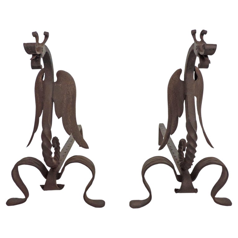 Italian Wrought Iron Dragon Andirons, 1900 For Sale at 1stDibs