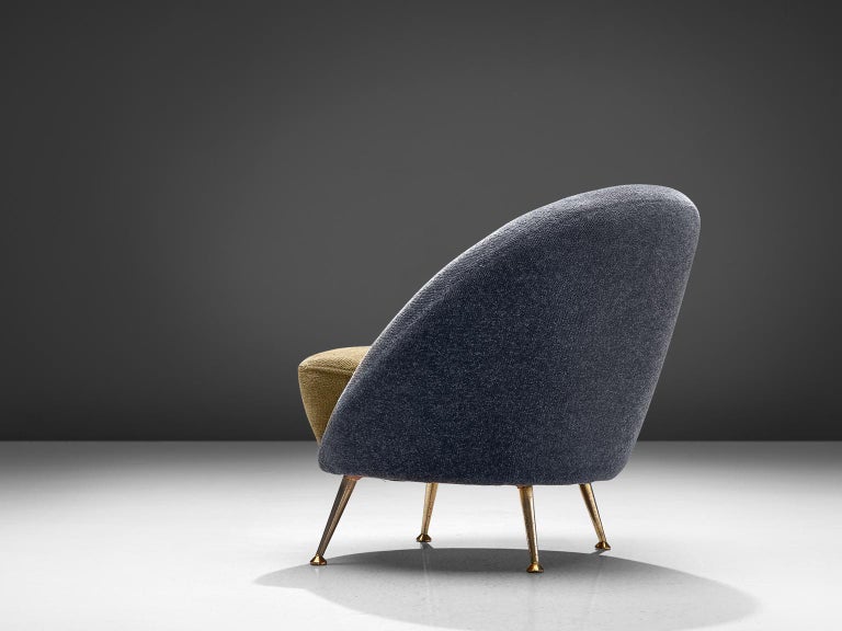 Italian Yellow and Blue Easy Chair with Brass Legs For Sale at 1stDibs
