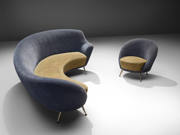 Italian Yellow and Blue Easy Chair with Brass Legs For Sale at 1stDibs