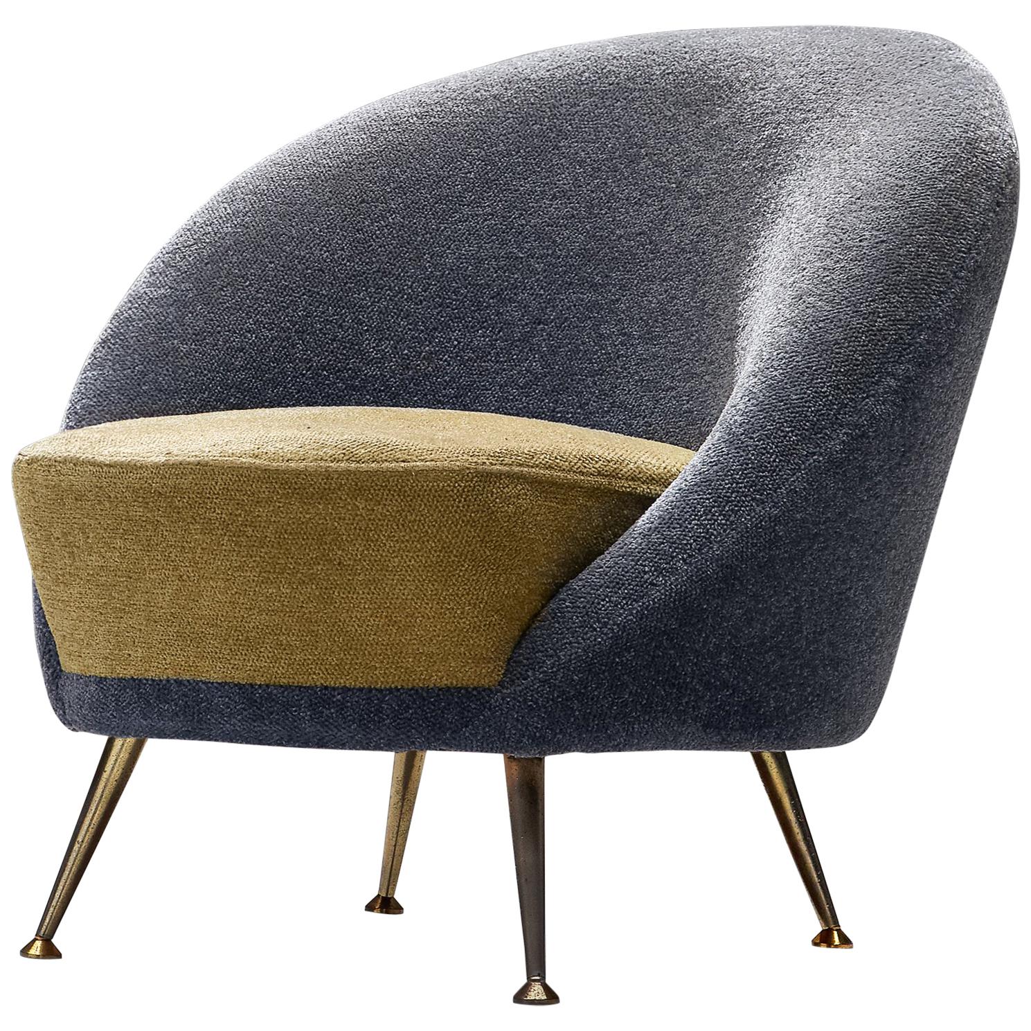 Italian Yellow and Blue Easy Chair with Brass Legs For Sale at 1stDibs