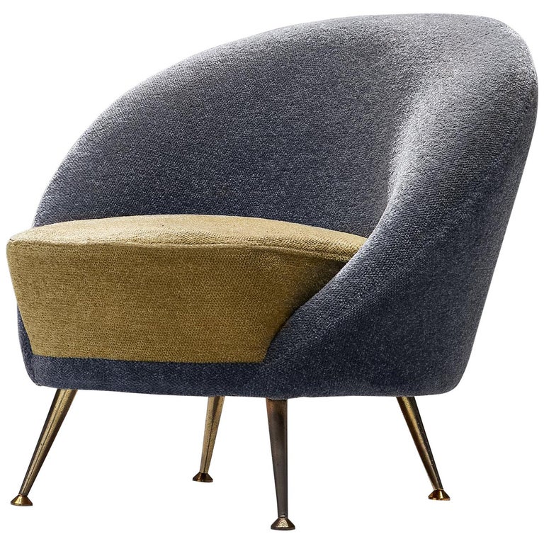Italian Yellow and Blue Easy Chair with Brass Legs For Sale at 1stDibs