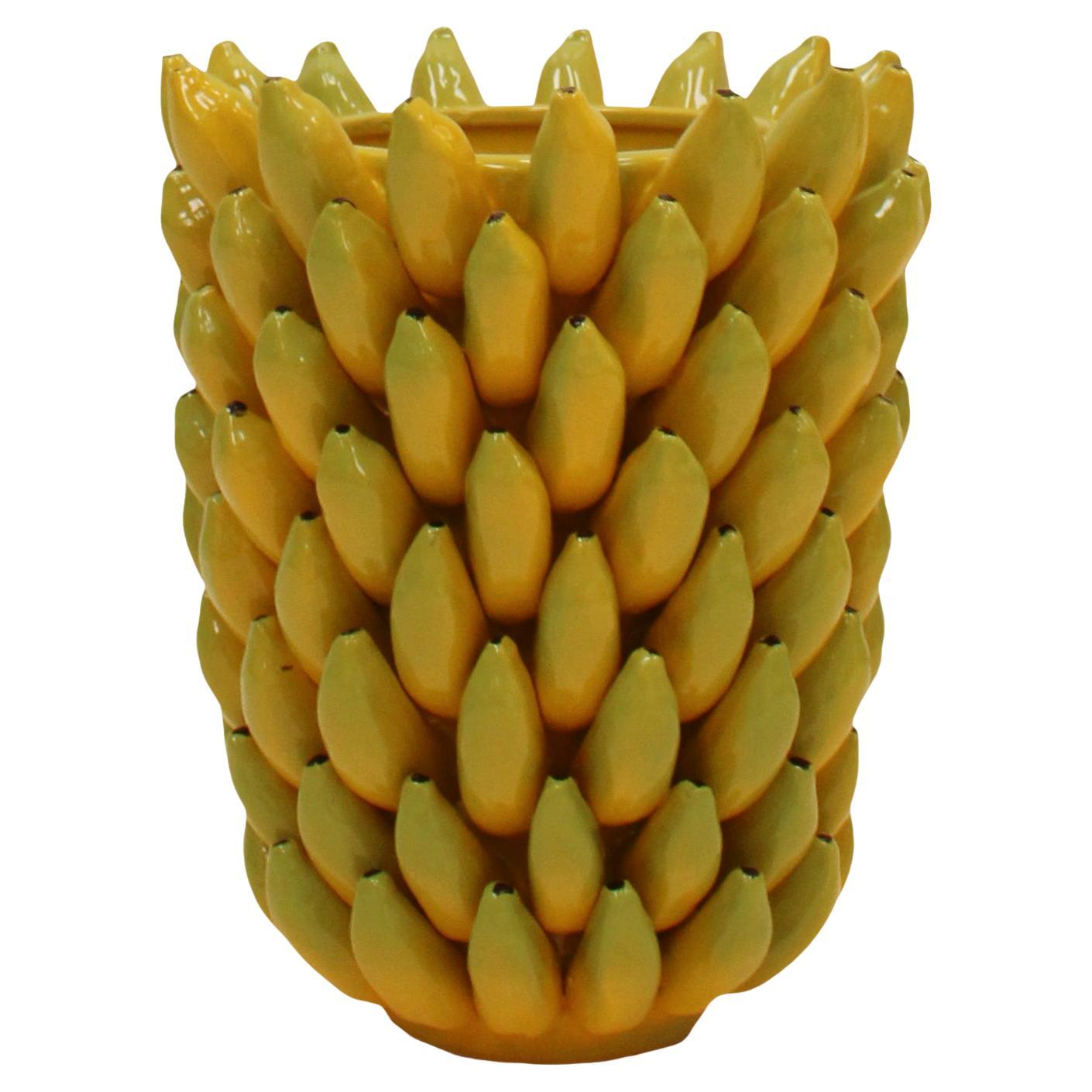 Italian Yellow Ceramic Vase with Fruit Motifs For Sale at 1stDibs