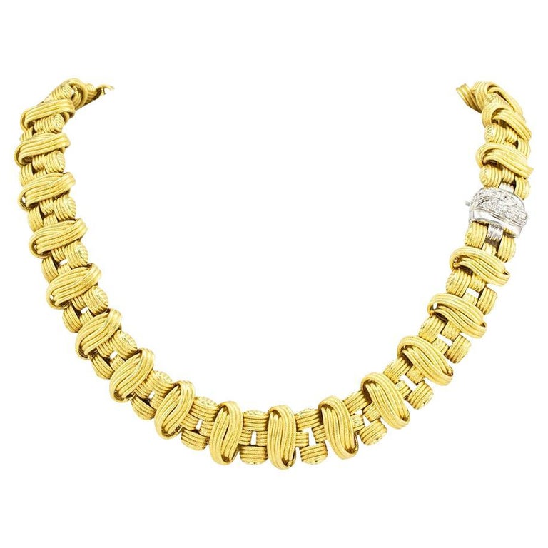Italian Yellow Gold Diamond Link Necklace For Sale at 1stDibs