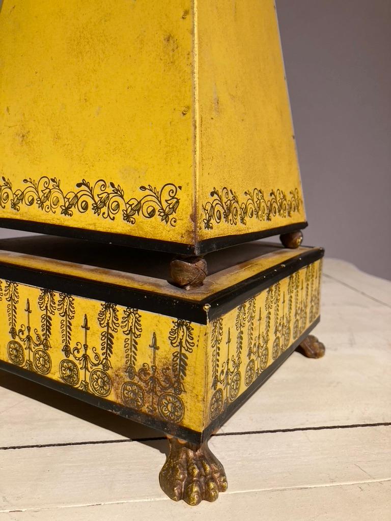 Italian Yellow Tole Obelisk Urn With Paw Feet For Sale at 1stDibs