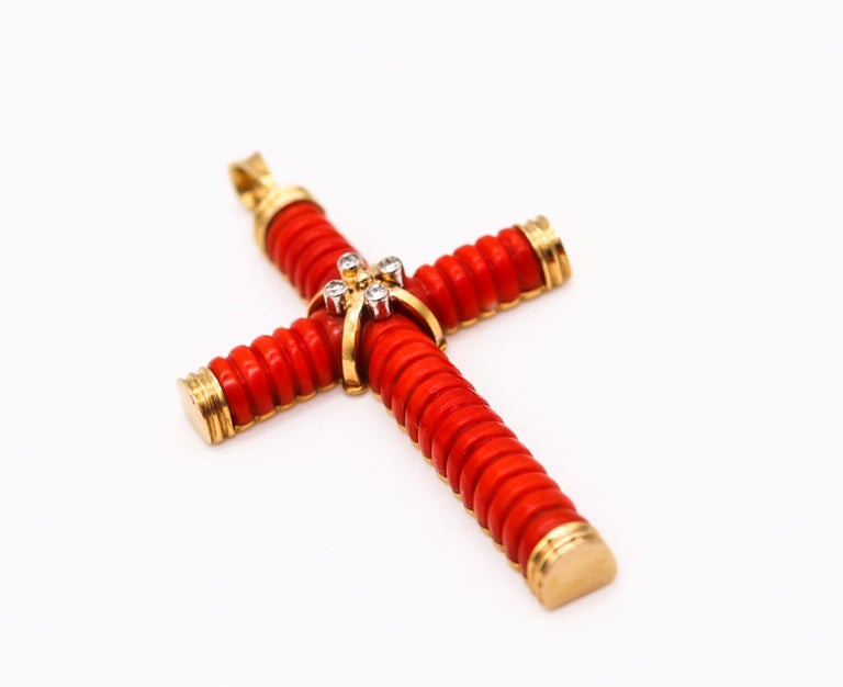 Italy Napoles Fluted Red Coral Cross in 14kt Yellow Gold with Four ...