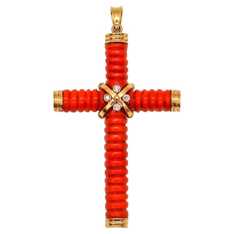 Italy Napoles Fluted Red Coral Cross in 14kt Yellow Gold with Four ...