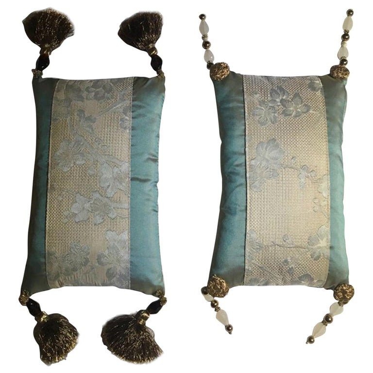 Italy Set Two Embroidered Silk Pillows Japanese Style For Sale at 1stDibs