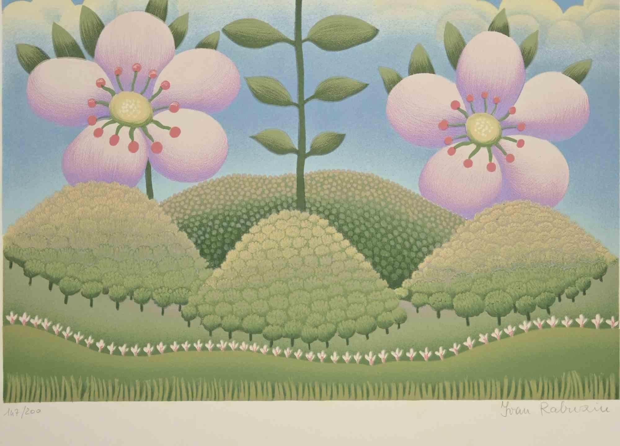 Ivan Rabuzin - Pink Flowers - Lithograph by Ivan Rabuzin - 1980s For Sale at 1stDibs
