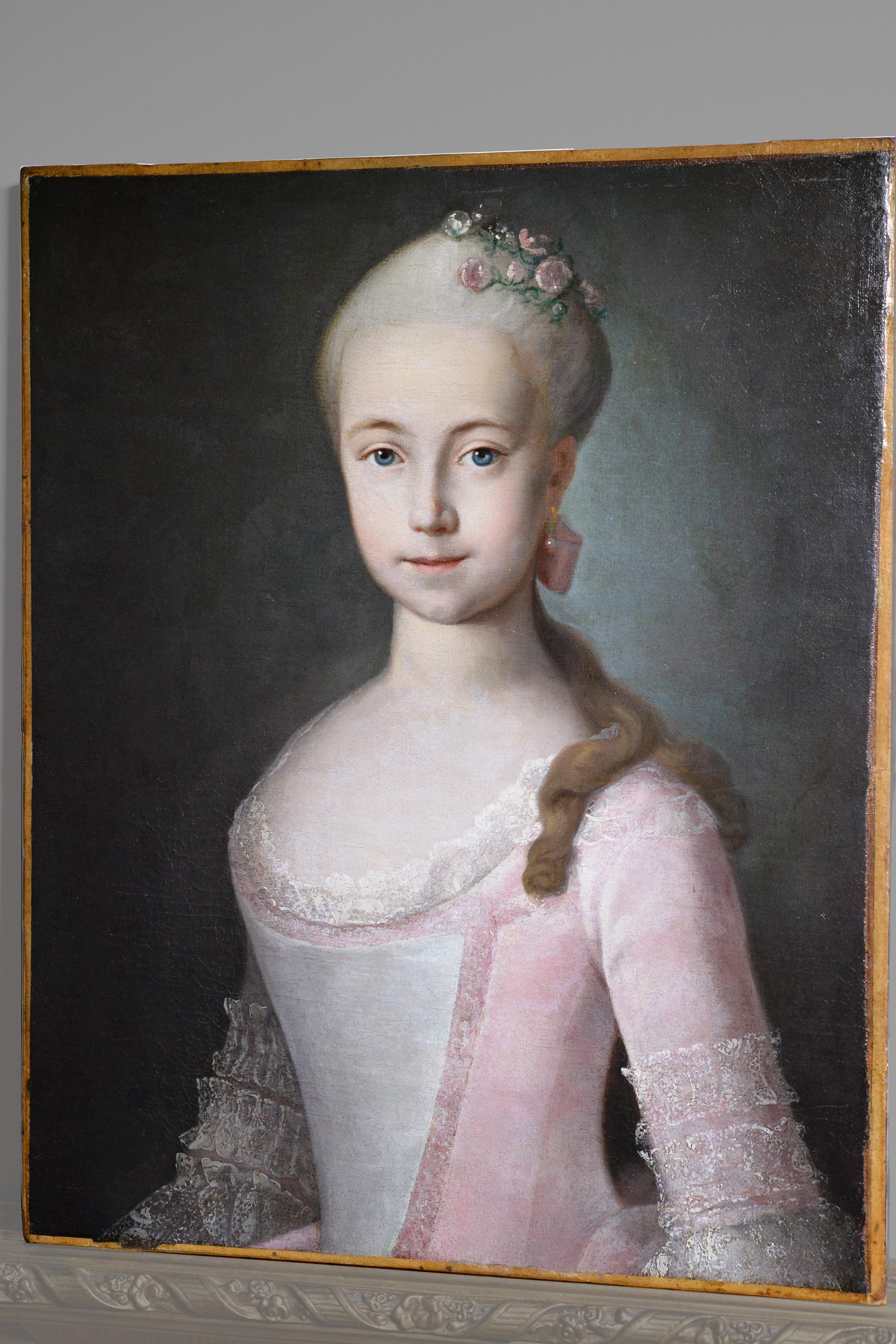 Retrato rococó ruso Joven con vestido rosa Siglo XVIII Pintura al óleo ...