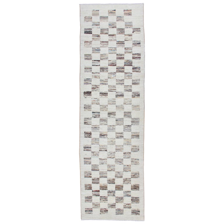 Ivory and Multicolored Casual Checkered Runner in Casual Modern Design ...