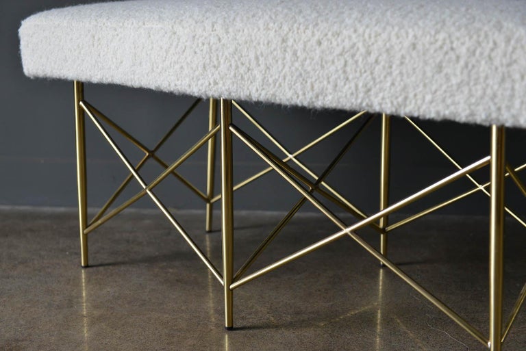 Ivory Bouclé and Brass X-Base Ottoman or Bench, circa 1970 at 1stDibs