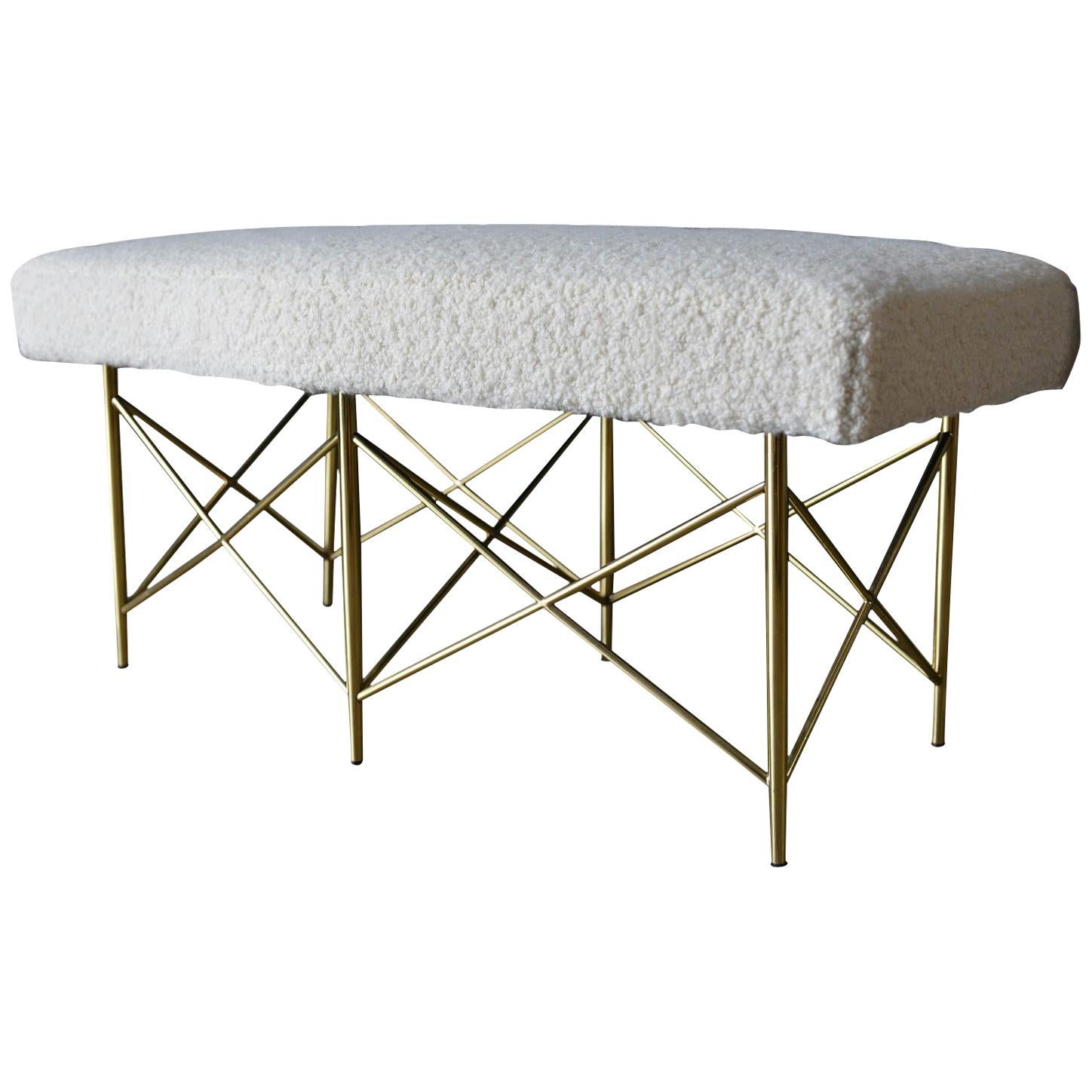 Ivory Bouclé and Brass X-Base Ottoman or Bench, circa 1970 at 1stDibs