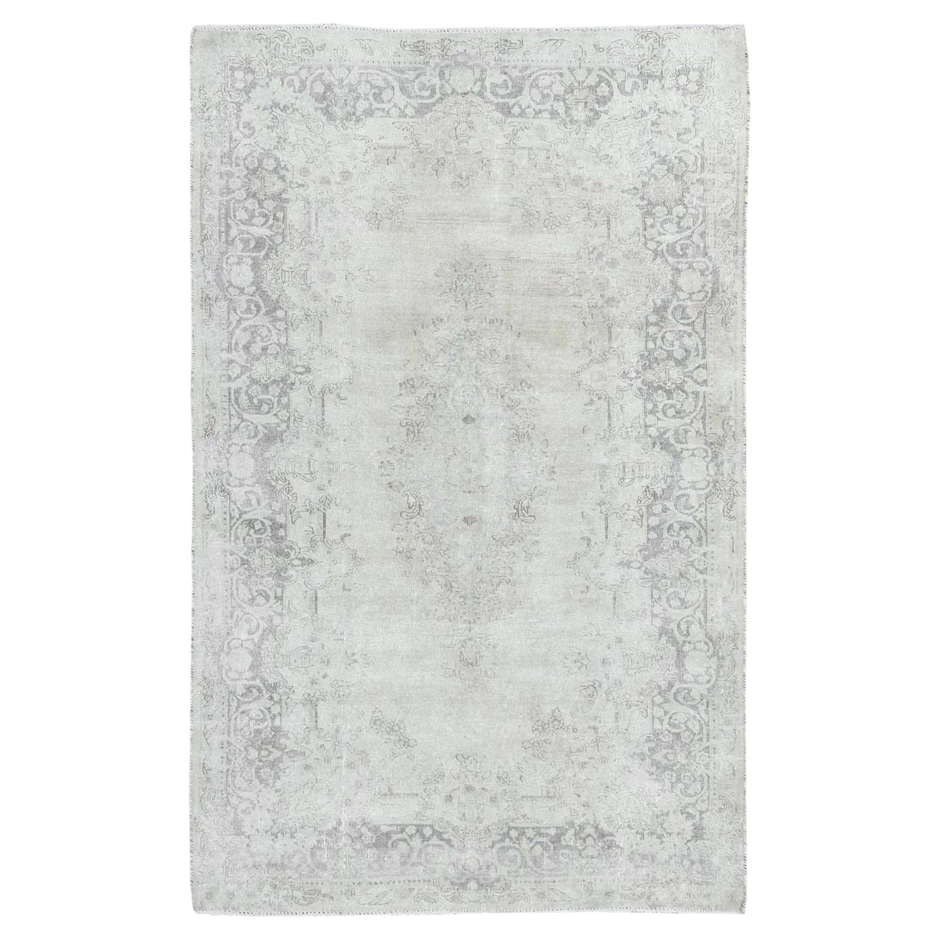 Ivory Old Persian Kerman Cropped Thin Distressed Look Worn Wool Hand ...