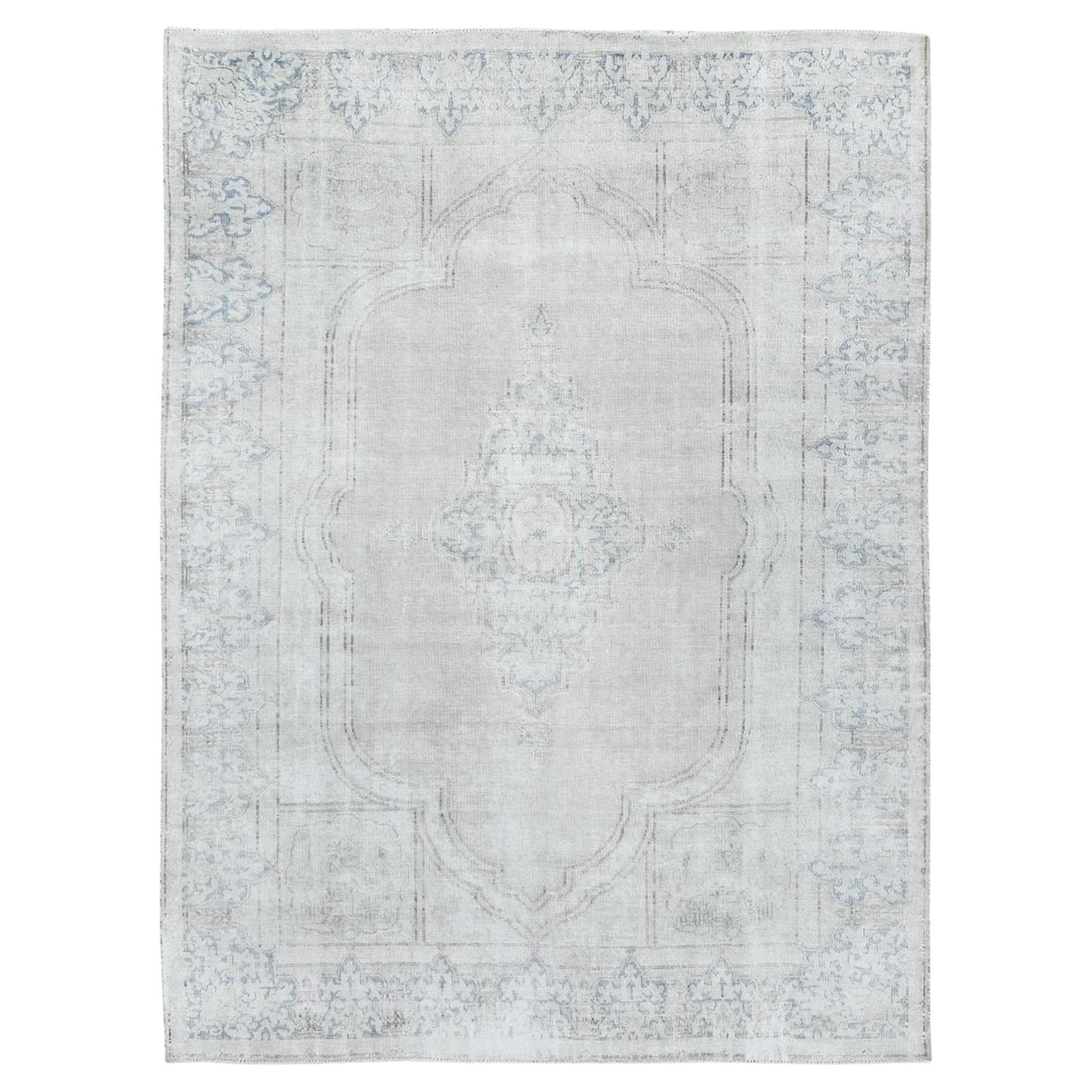 Ivory Cropped Thin Distressed Look Worn Wool Hand Knotted Old Persian ...