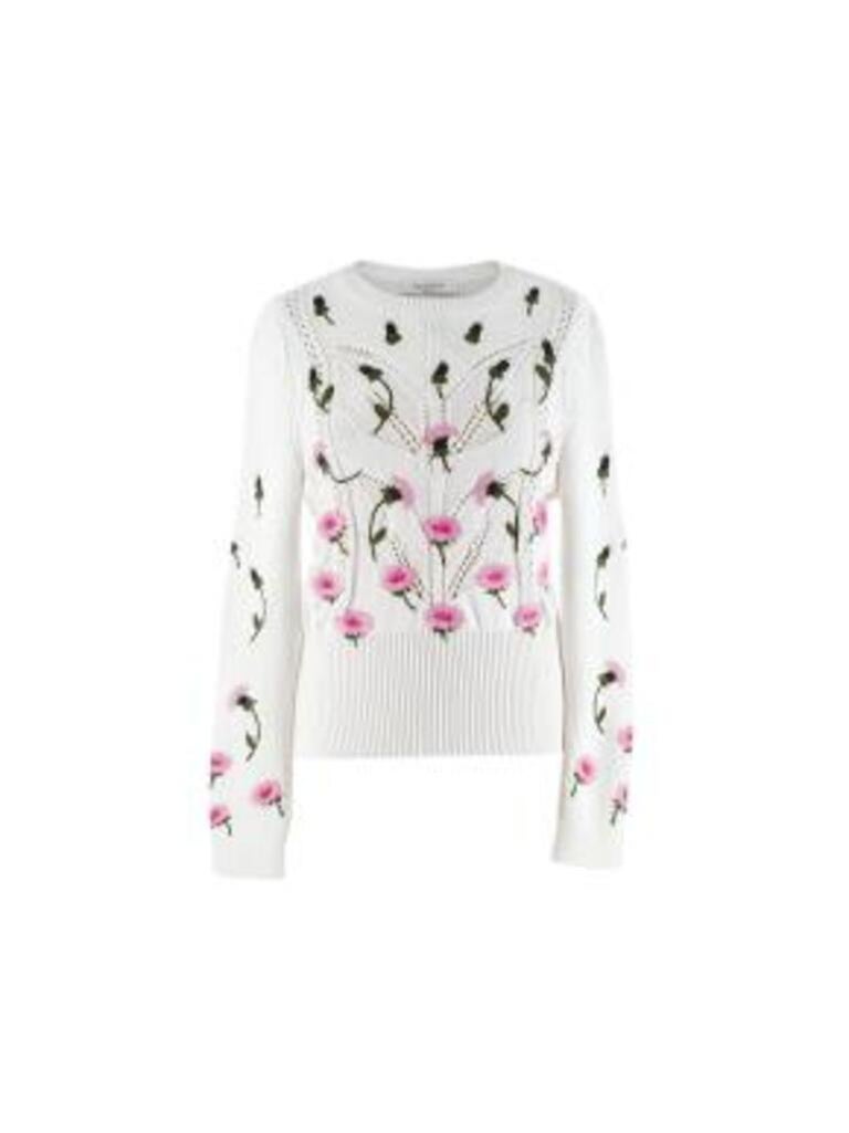 Ivory Floral Embroidered Cable Knit Cotton Sweater For Sale At 1stdibs