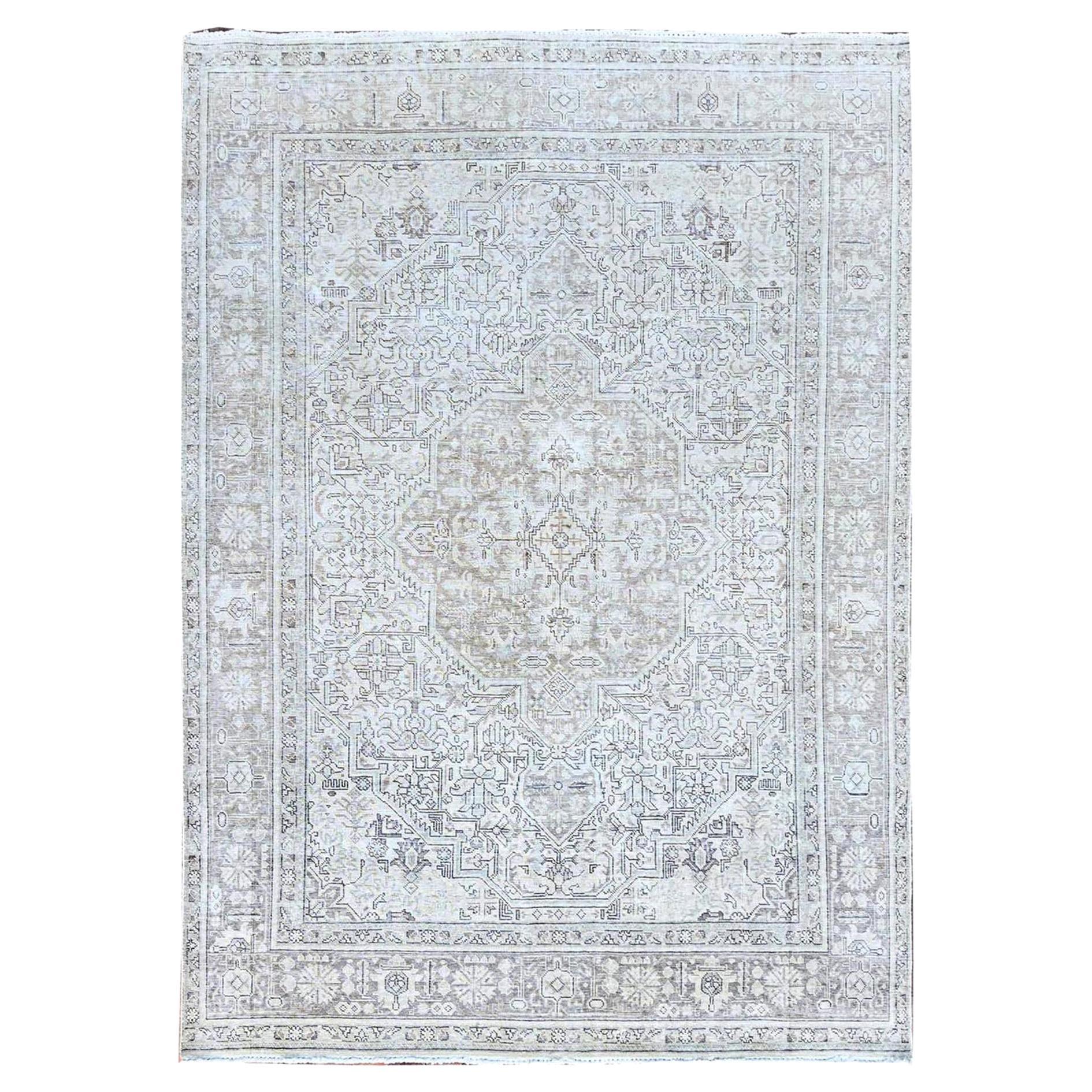 Ivory Evenly Worn Wool Vintage Persian White Wash Tabriz Hand Knotted ...