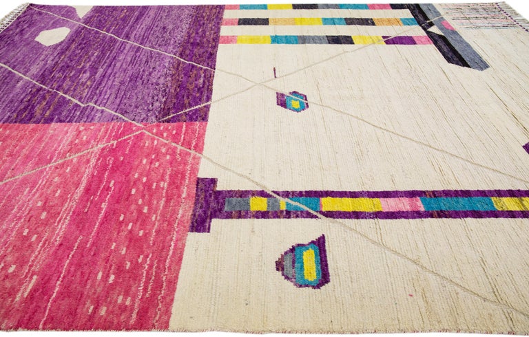 Ivory Moroccan Berber Style Handmade Abstract Wool Rug For Sale at 1stDibs