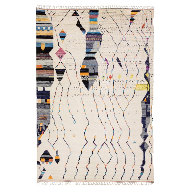 Ivory Moroccan Berber Style Handmade Abstract Wool Rug For Sale at 1stDibs