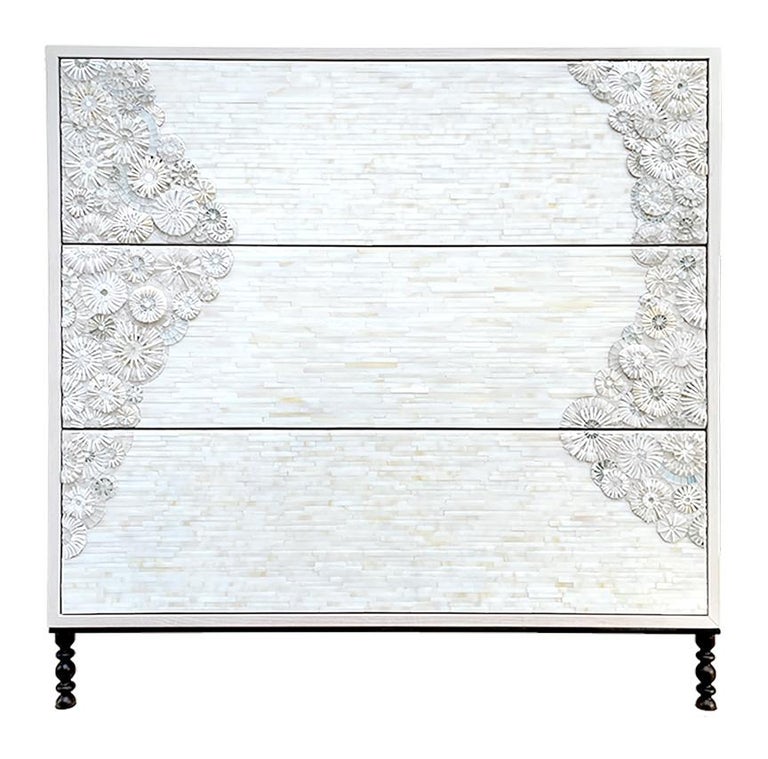 Modern Tall Ivory Blossom Chests of 3-Drawers with Antique Legs by ...