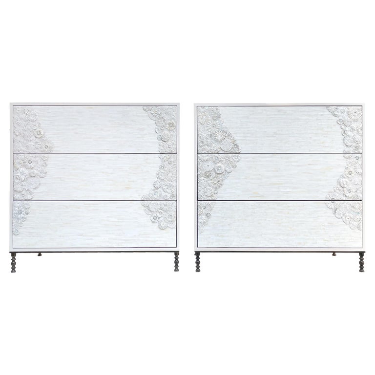 Modern Tall Ivory Blossom Chests of 3-Drawers with Antique Legs by ...