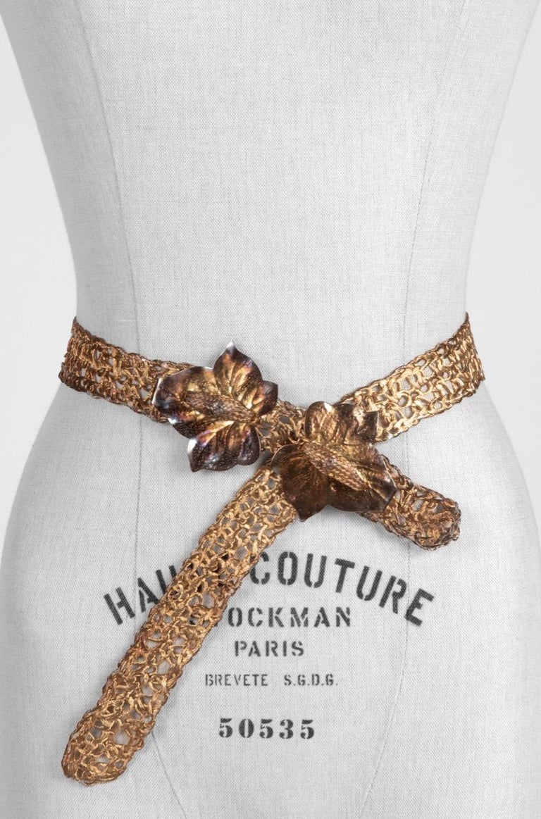Ivy or Maple Leaf Buckle Gold Tone Metal Woven Belt c. 1970s at 1stDibs