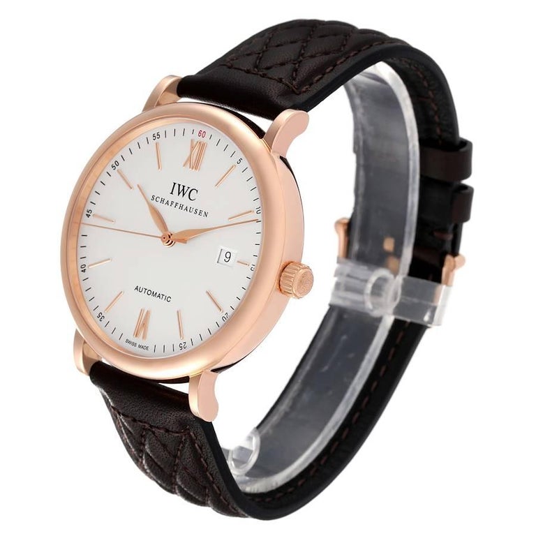 IWC Portofino 18k Rose Gold Automatic Silver Dial Brown Strap Mens ...