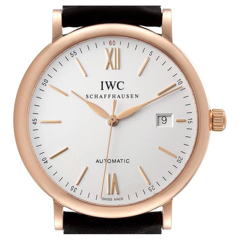 IWC Portofino 18k Rose Gold Automatic Silver Dial Brown Strap Mens ...