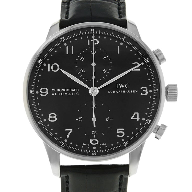 IWC Portugieser Chronograph Steel Leather Black Arabic Dial Mens Watch ...