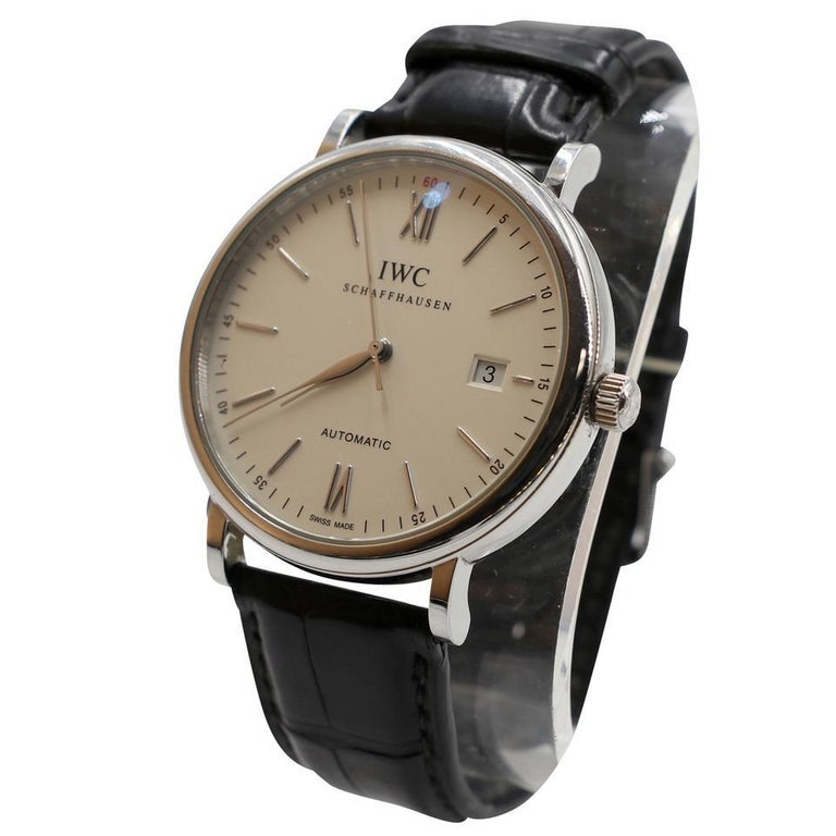 IWC Silver XL Portofino Stainless Steel Crocodile Leather Watch For ...