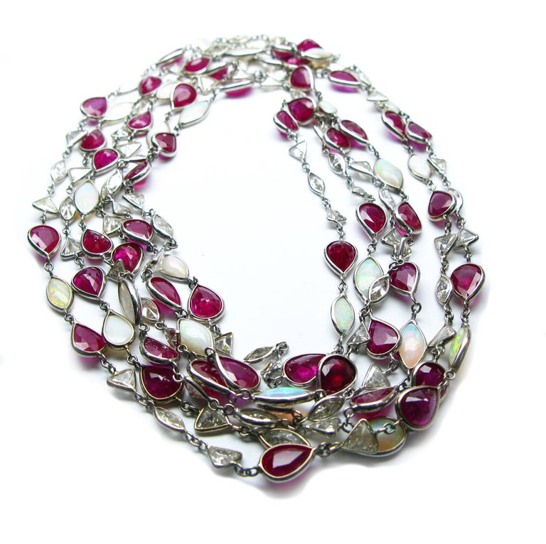 Diamond, Ruby, and Opal by the Yard Platinum Necklace For Sale at 1stDibs