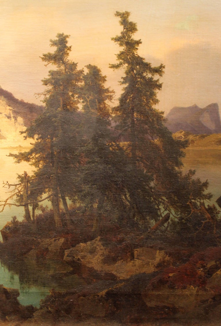 J. Brunner 1869 Oil on Canvas Austrian Landscape with Lake and Mountain ...