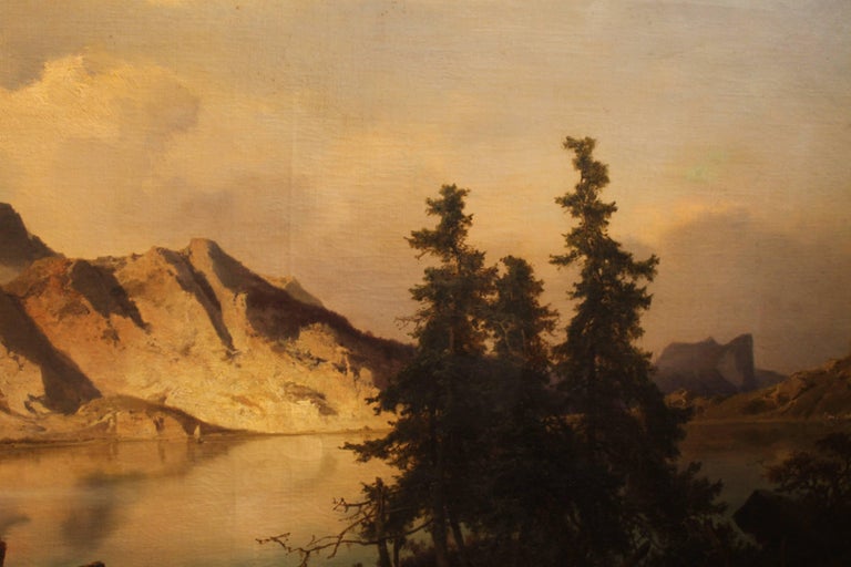 J. Brunner 1869 Oil on Canvas Austrian Landscape with Lake and Mountain ...