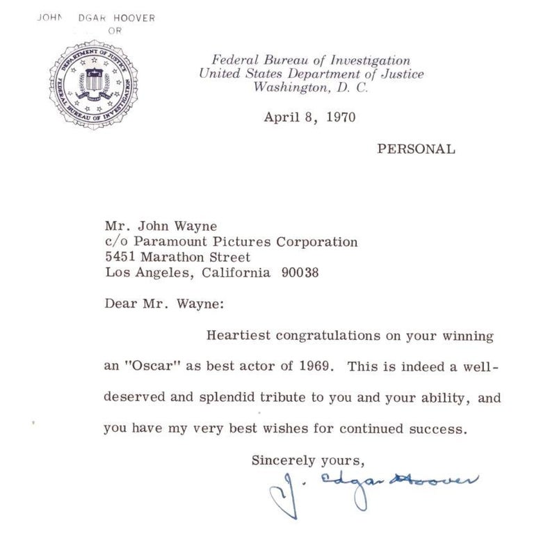 Lettre signée par J. Edgar Hoover à John Wayne En vente sur 1stDibs