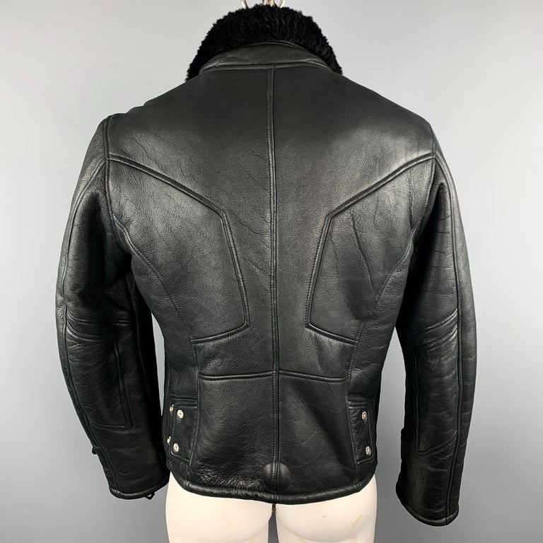 J. LINDEBERG L Black Shearling Collared Snap Pockets Leather Jacket at ...