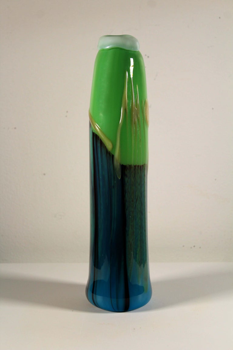 Jack Schmidt Postmodern Studio Handblown Glass Tall Green and Blue Vase, 1975 For Sale at 1stDibs