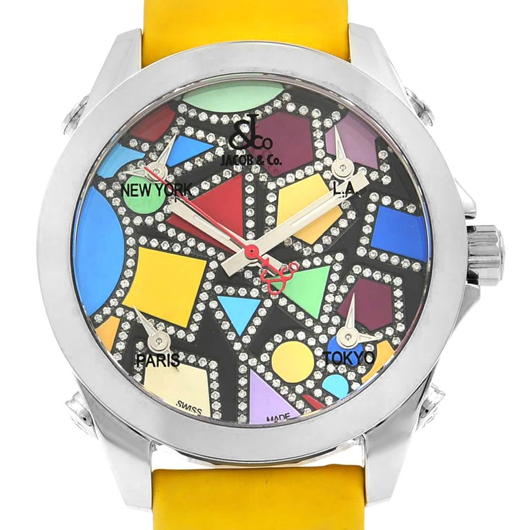 Jacob and Co. 5 Time Zones Steel Yellow Rubber Diamond Quartz Unisex ...