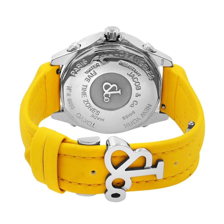 Jacob and Co. 5 Time Zones Steel Yellow Rubber Diamond Quartz Unisex ...