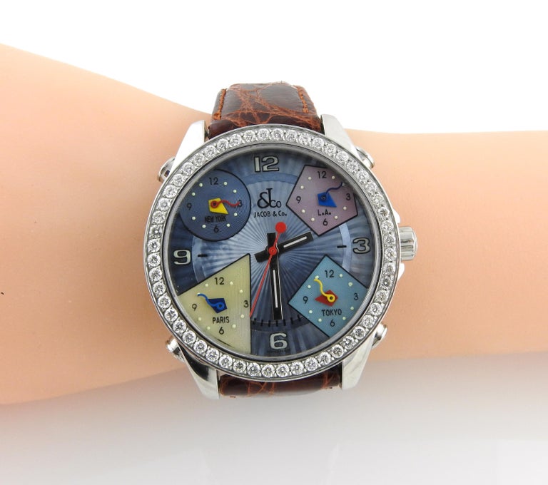 Jacob and Co. Diamond Five Time Zones Watch Blue Mother of Pearl Dial ...