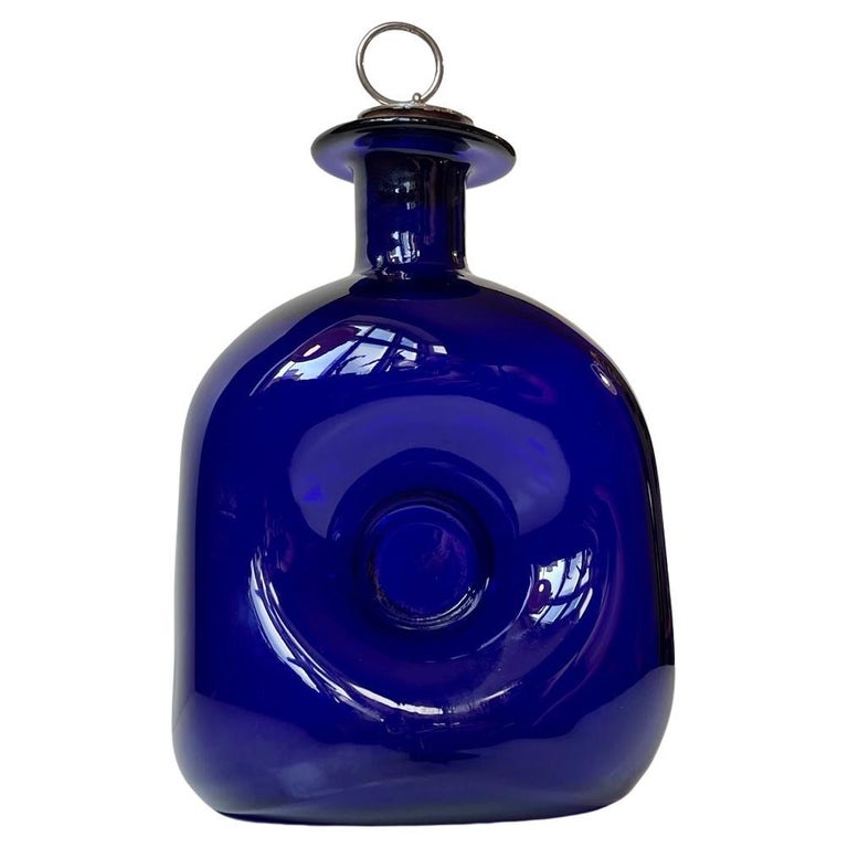 Jacob E. Bang Squeezed Blue Glass Decanter for Holmegaard, 1960s For Sale at 1stDibs