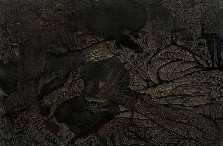 Jacob Landau - "Boxing", Vintage Carved Woodblock Relief Sculpture For ...