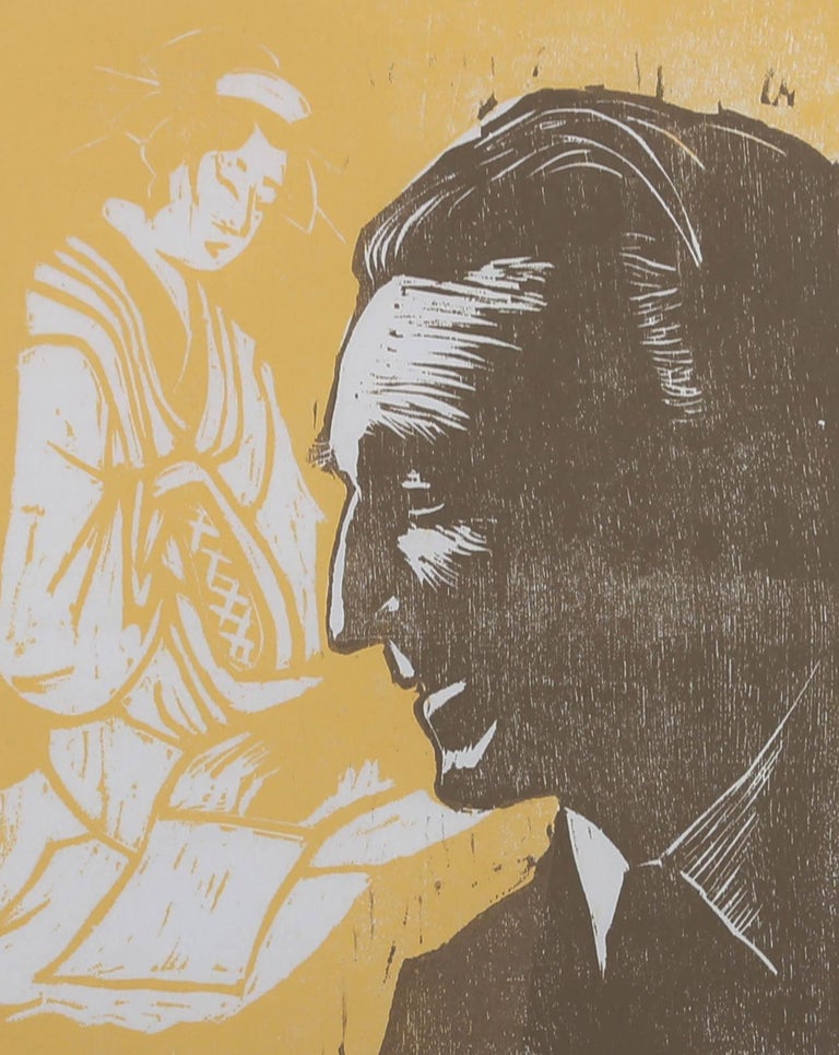 Jacob Pins - Jacob Pins (1917-2005) - 1992 Woodcut, Jack Checking Eishi For Sale at 1stDibs