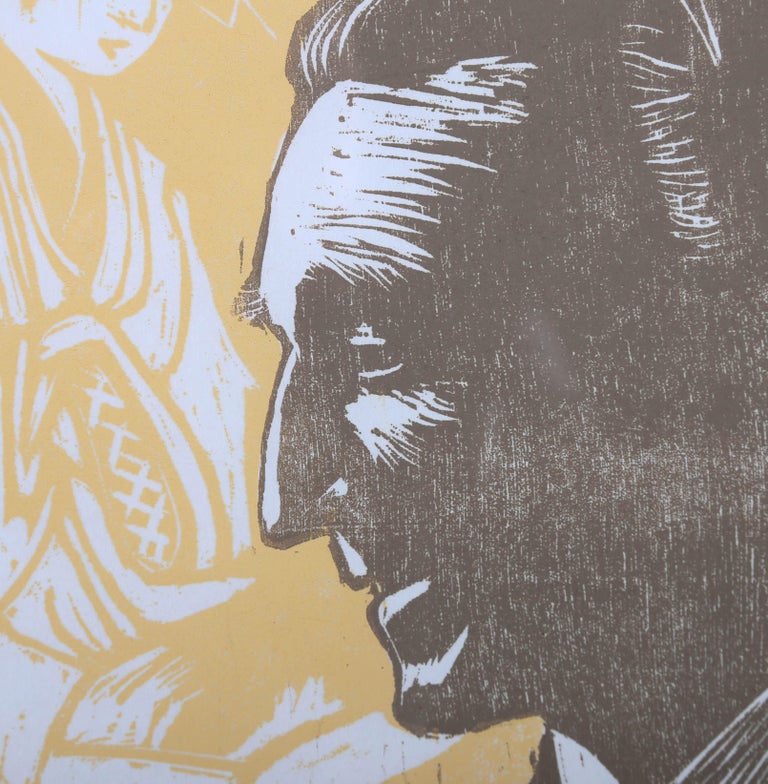 Jacob Pins - Jacob Pins (1917-2005) - 1992 Woodcut, Jack Checking Eishi For Sale at 1stDibs